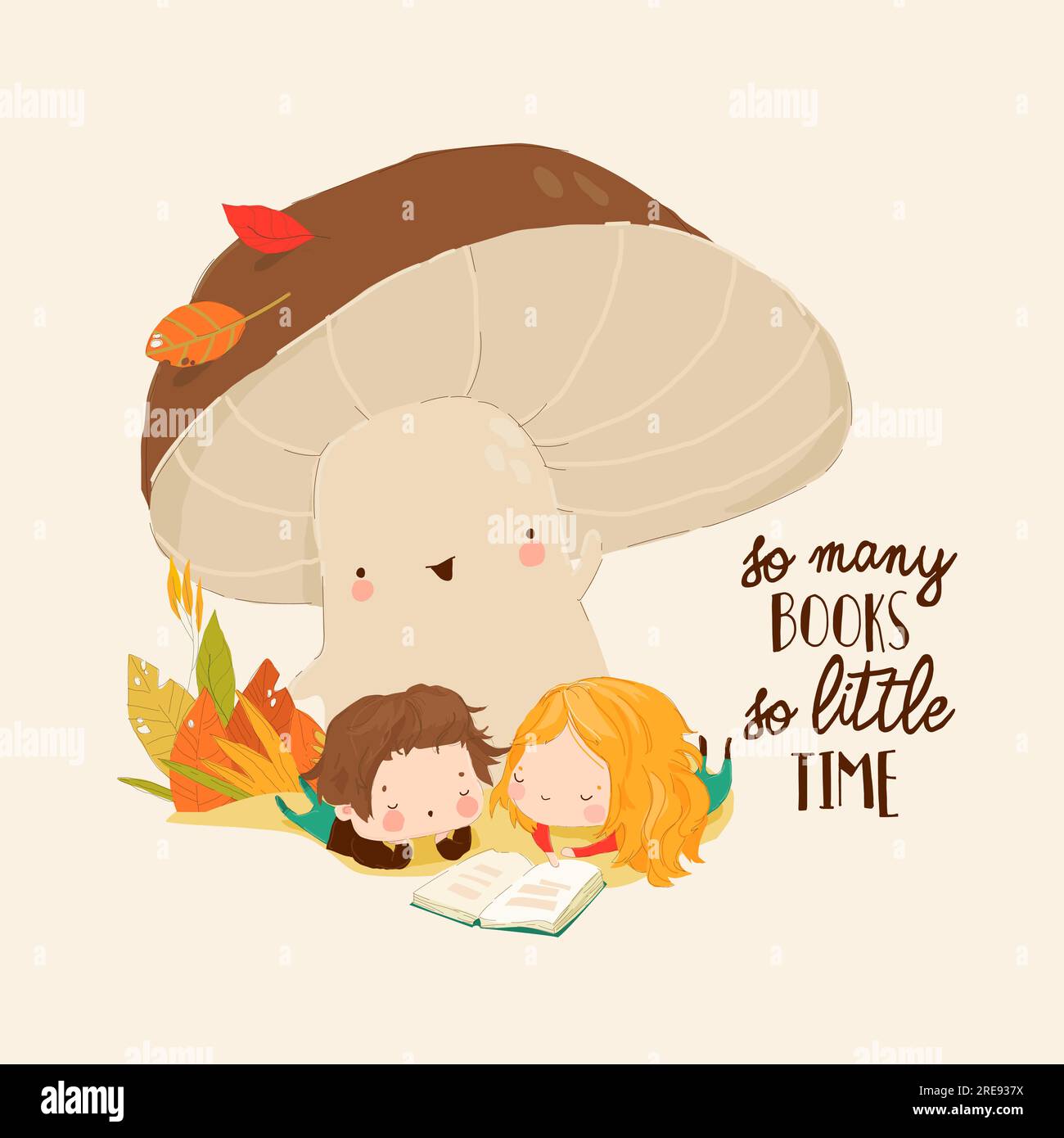 Cute Boy and Girl are relaxing and enjoying reading Books under Big ...