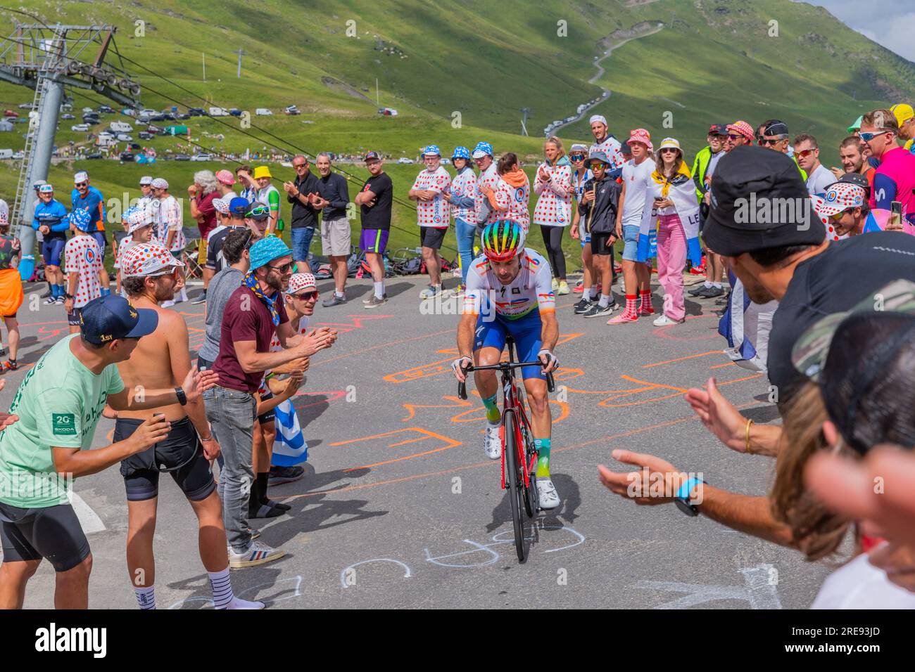 Col du Tourmalet, France - July 06 2023: Pierre Latour climbig the road ...