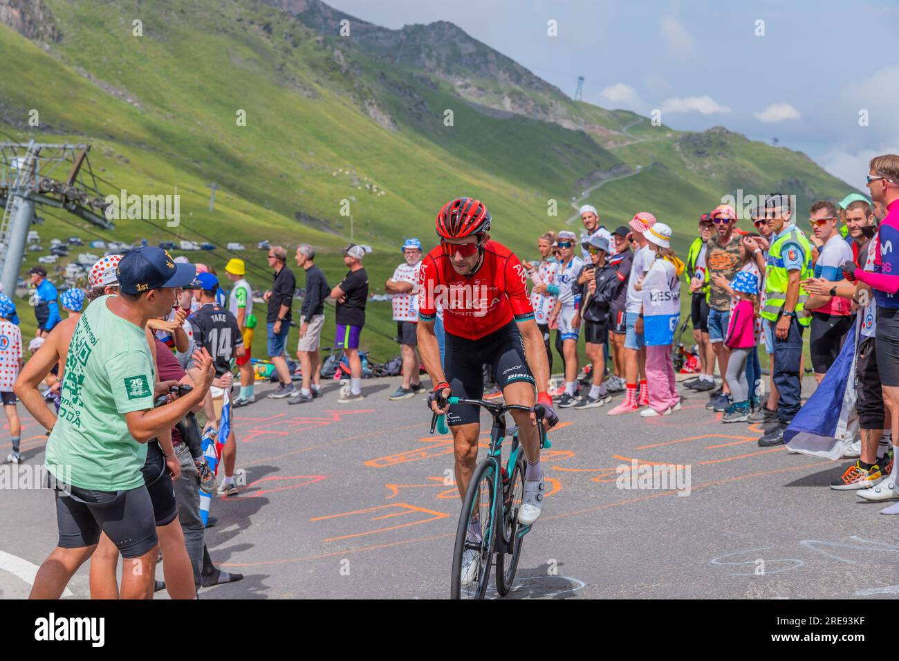 Col du Tourmalet, France - July 06 2023: Arkea Samsic rider climbig the ...