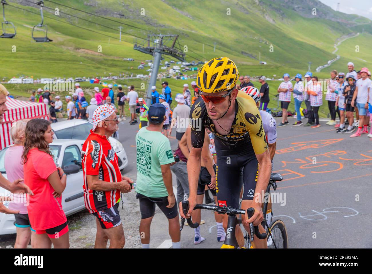 Col du Tourmalet, France - July 06 2023: Tiesj Benoot climbig the road ...