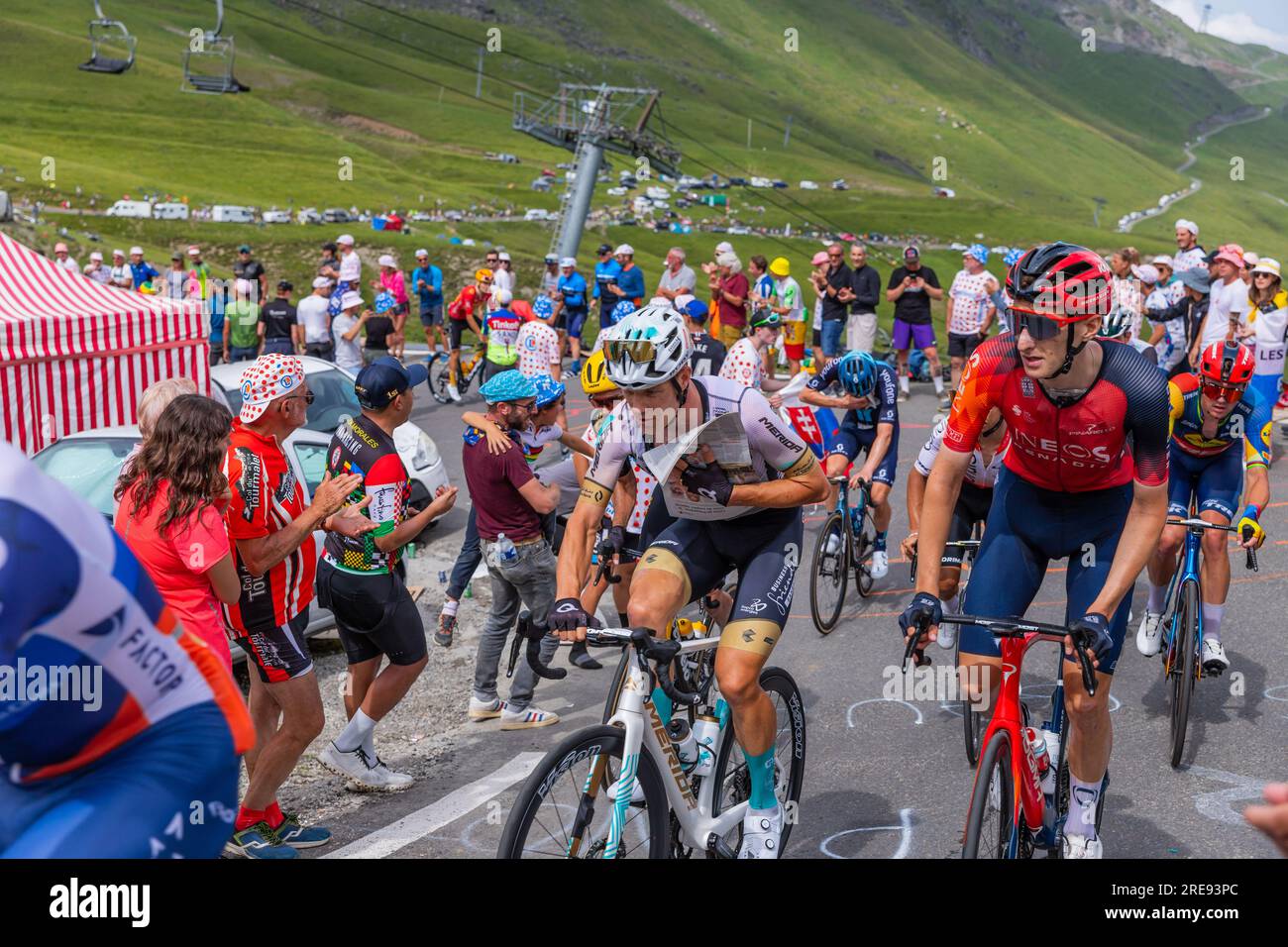 Col du Tourmalet, France - July 06 2023: Riders climbig the road to Col ...