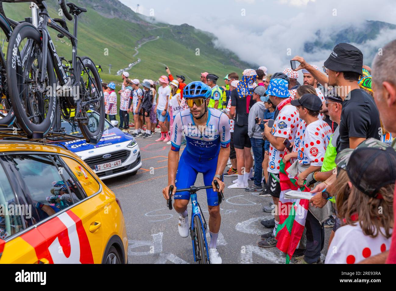 Col du Tourmalet, France - July 06 2023: Luka Mezgec climbig the road ...
