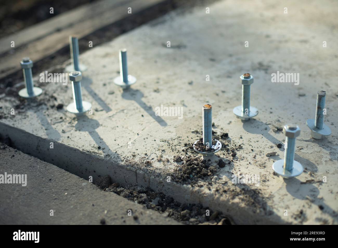 Construction of foundation. Steel bolt in concrete. Fasteners for frame ...