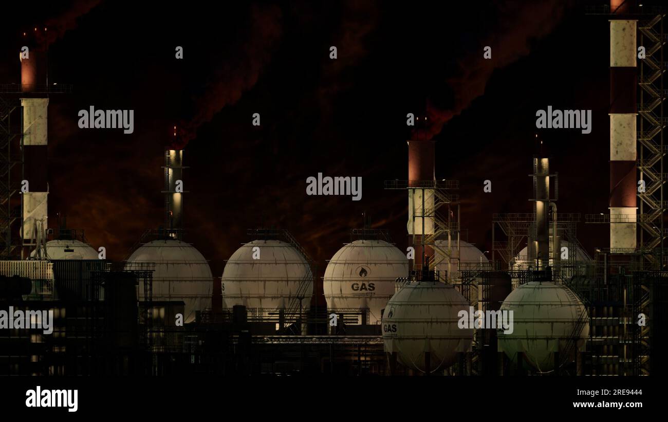 flammable natural gas or LNG storage tanks on refinery at night ...