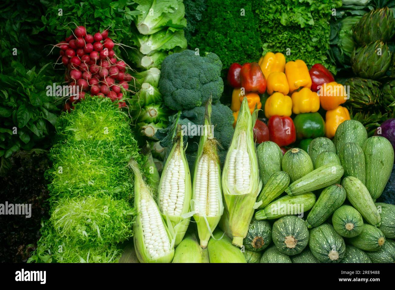 Vegetable stall with corn, peppers, radishes, etc, in the Surquillo de ...