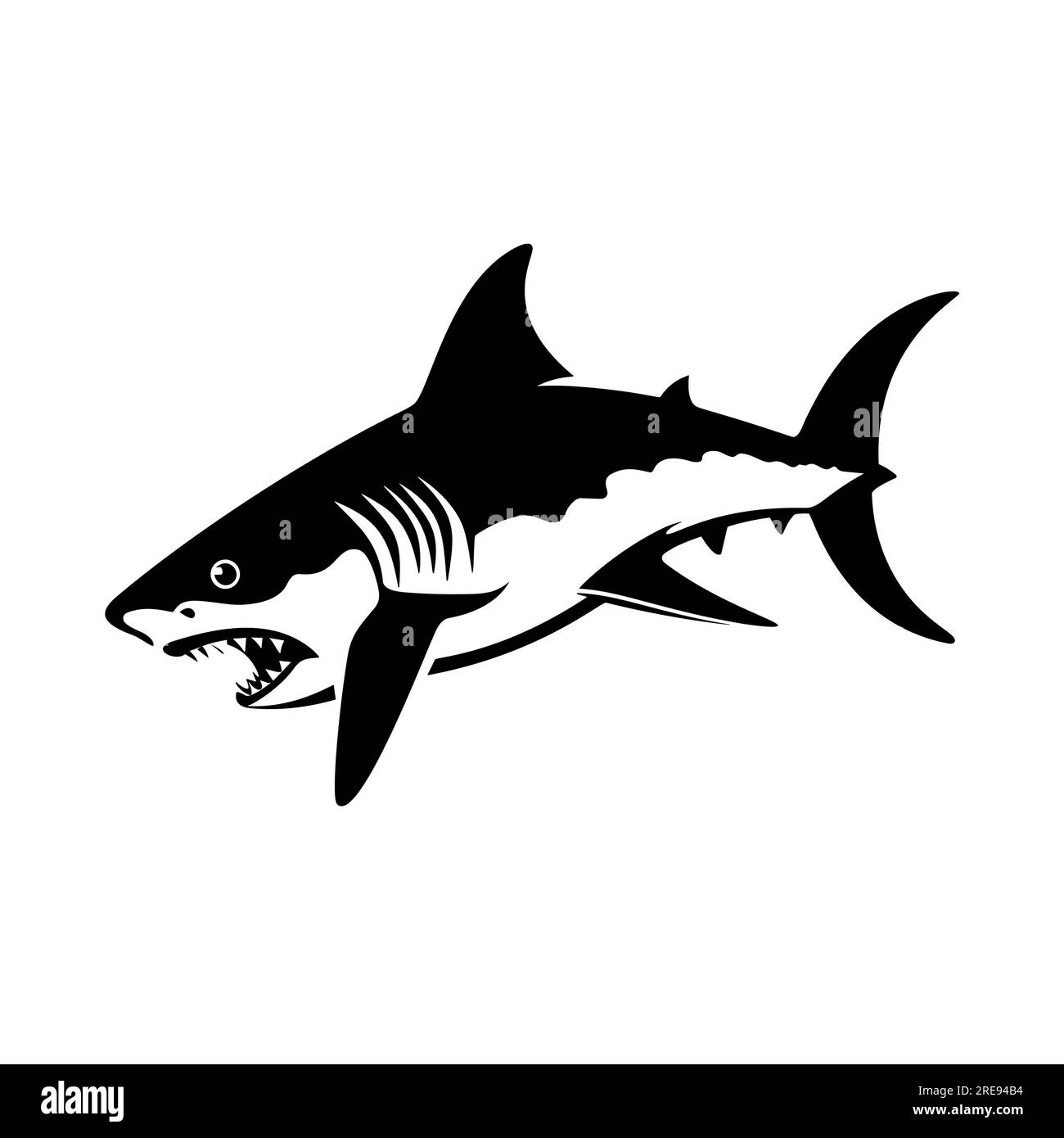 Vector illustration of a black silhouette shark. Isolated white ...