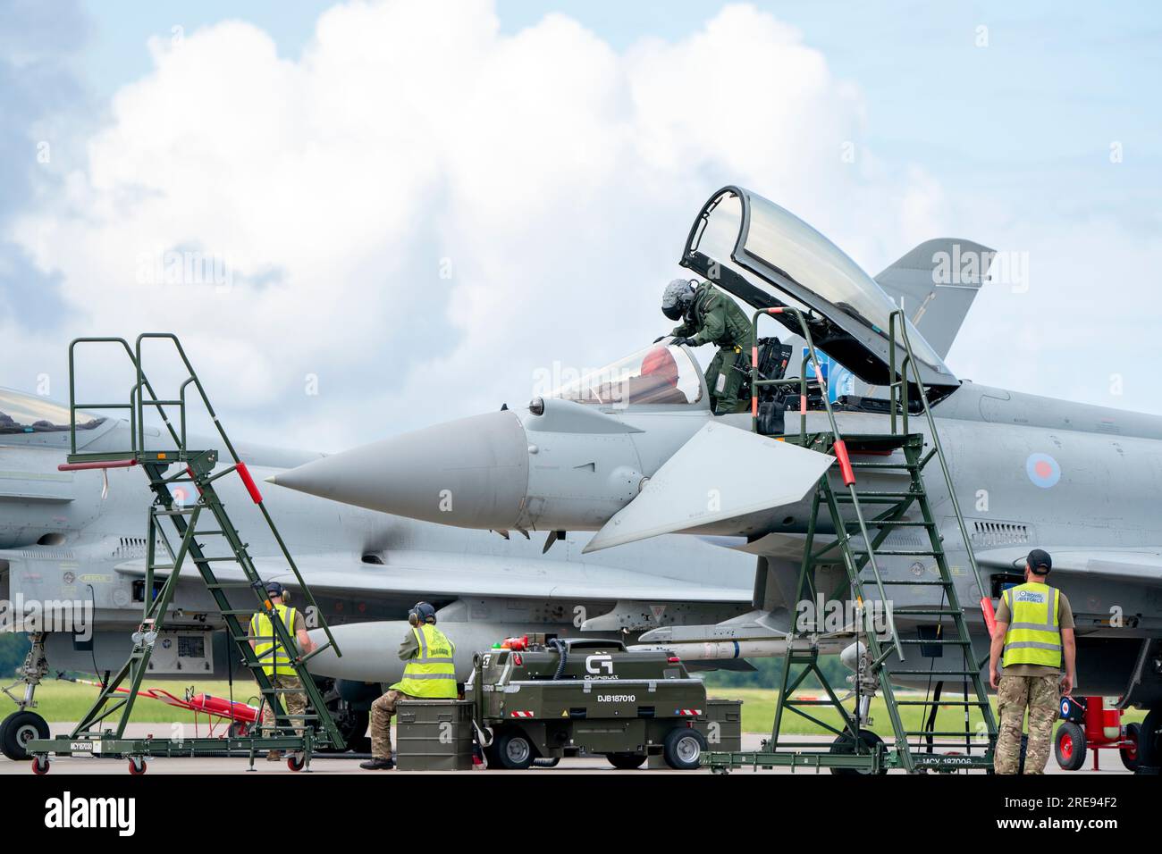RAF Typhoon jets on the apron after returning from exercise Jousten Strike at Amari Airbase in ...