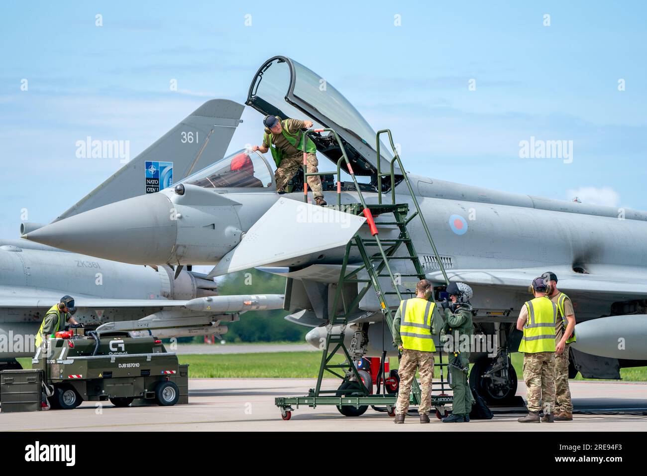 RAF Typhoon jets on the apron after returning from exercise Jousten Strike at Amari Airbase in ...