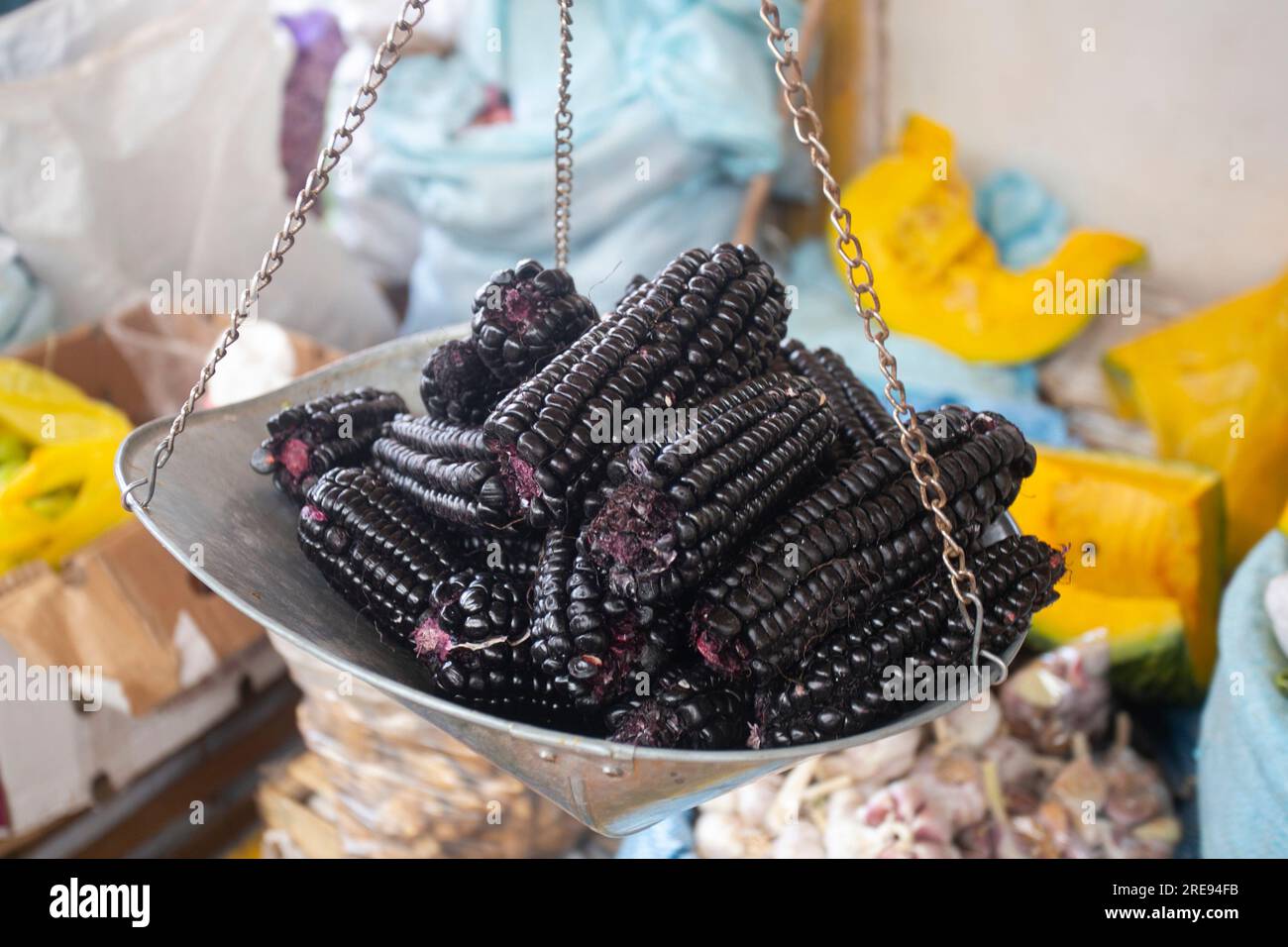Ears of purple corn (Chicha Morada) at a stall in the central fruit and ...