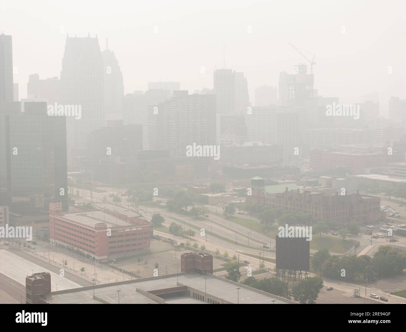Downtown Detroit under air quality warnings on Jun 29, 2023, blanketed in smoke from Canadian ...