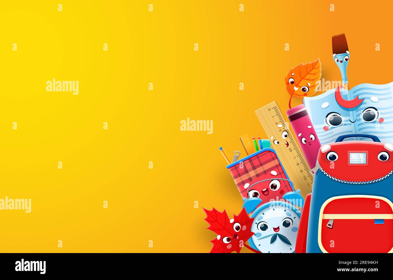 School education poster with cartoon funny stationery supply characters ...