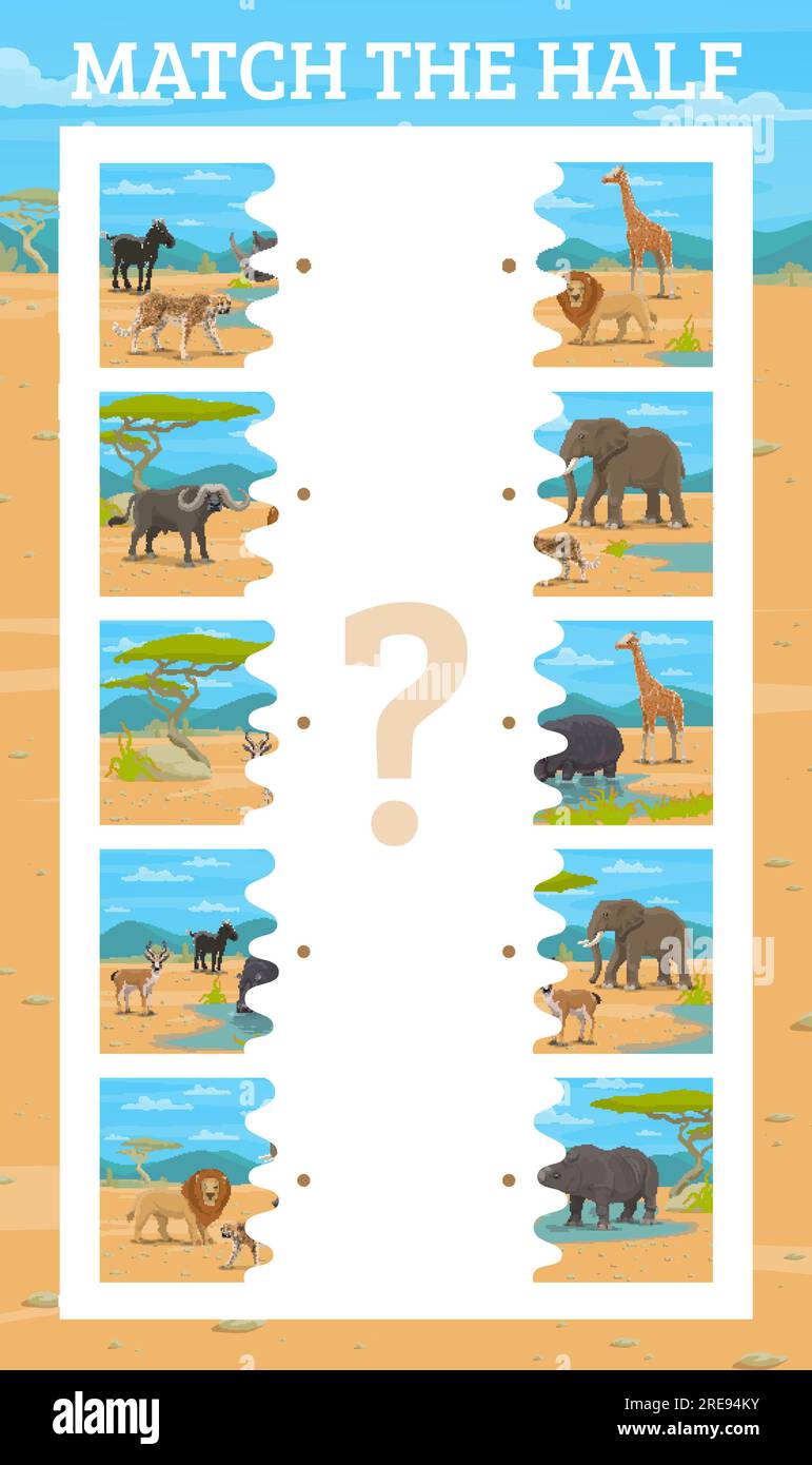 Match half of cartoon african savannah animals. Vector game worksheet ...