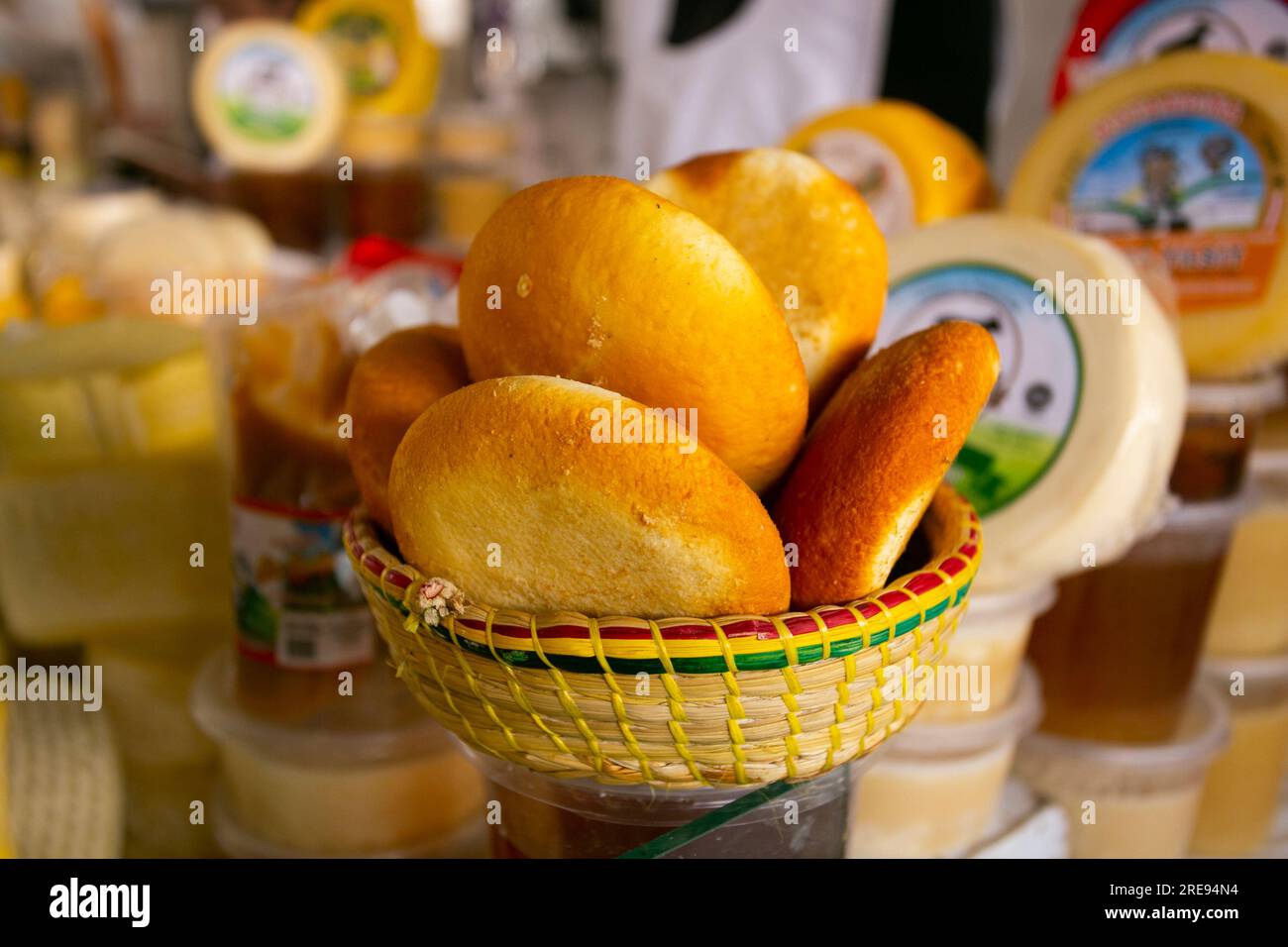 Traditional Peruvian smoked cheese in a market stall in the city of ...