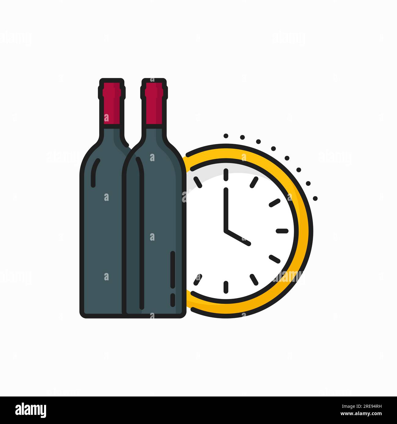 Clock and wine bottle. Time to relax and drink outline icon. Vector ...