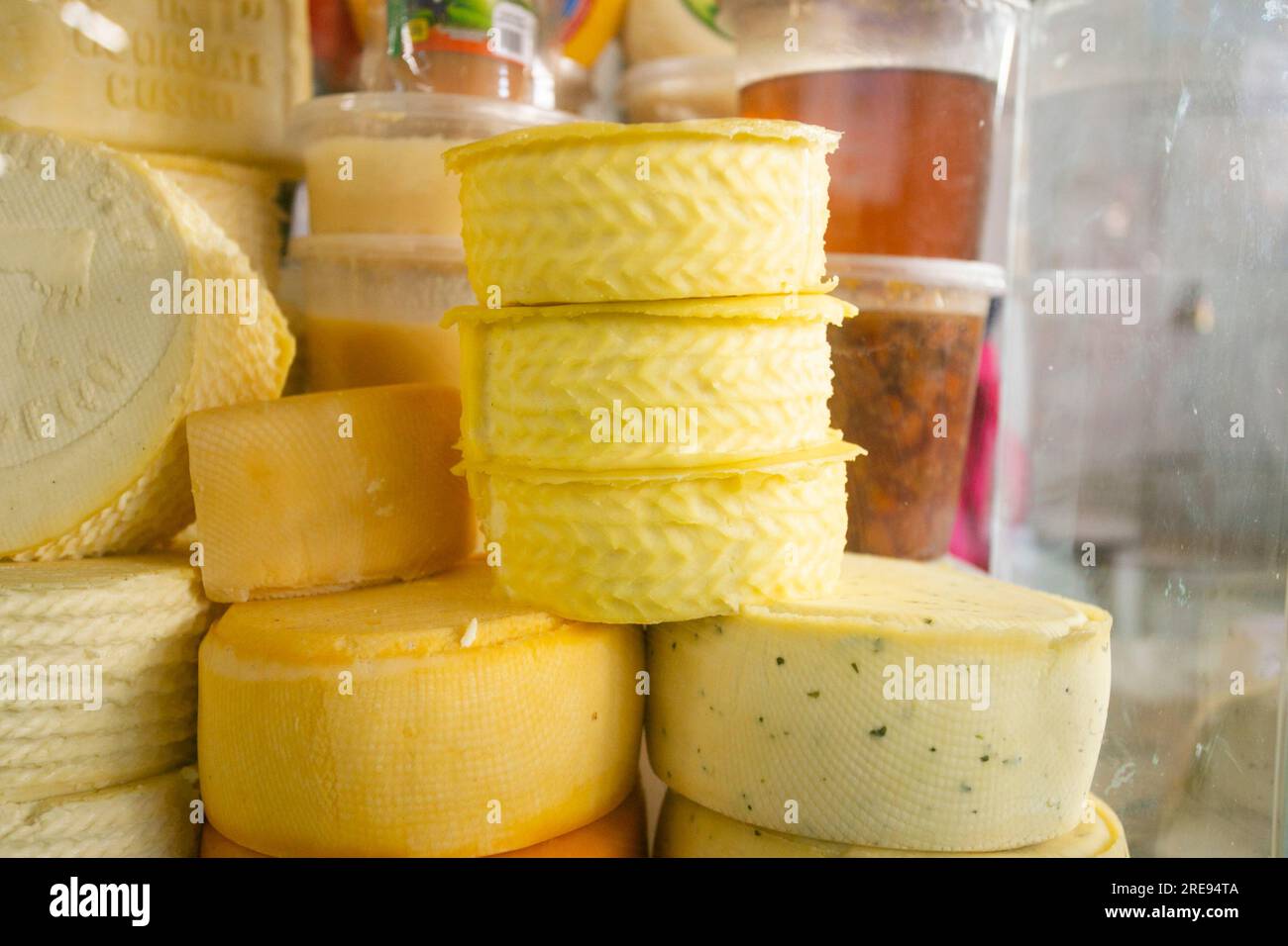 Top quality Peruvian organic cheeses in a market stall in the city of ...