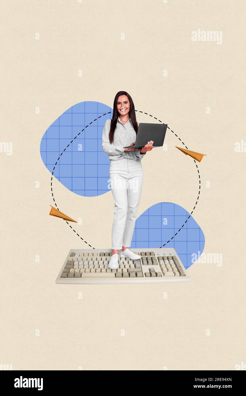 Vertical collage picture of positive mini girl stand big computer ...