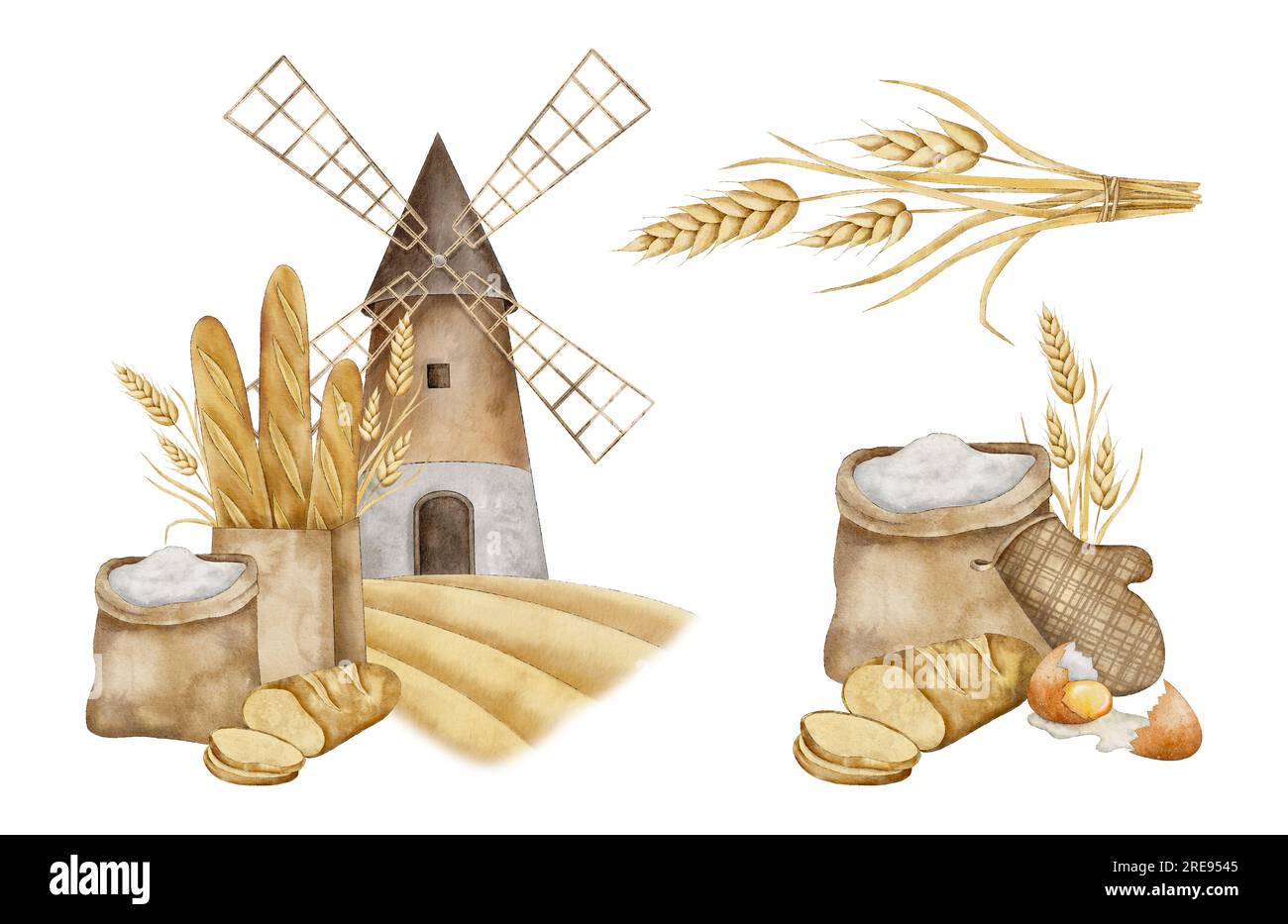 Set of Windmill tower on wheat field with flour sack, Crispy French ...