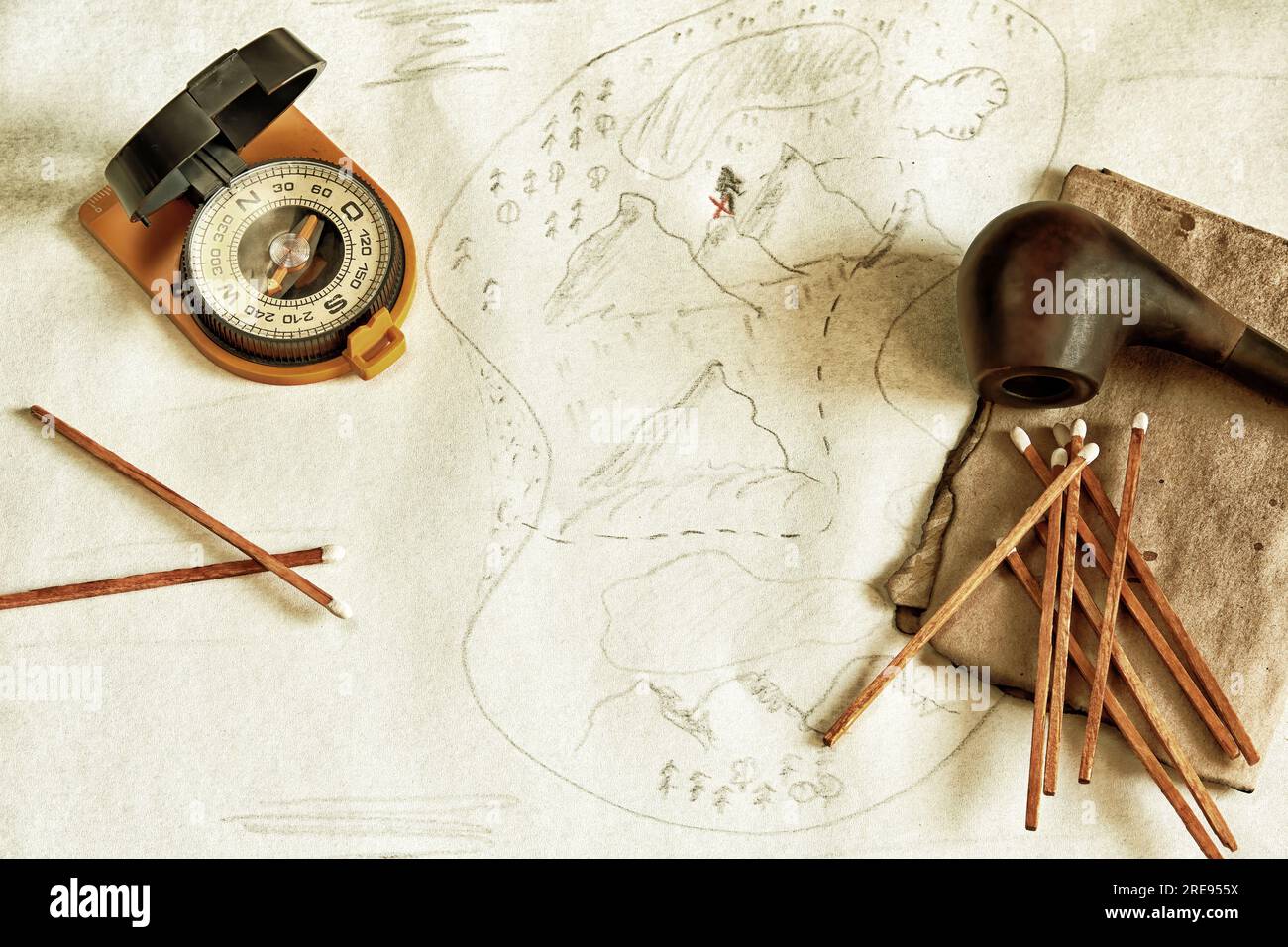 Treasures map on the table with red cross, compass and smoking pipe ...