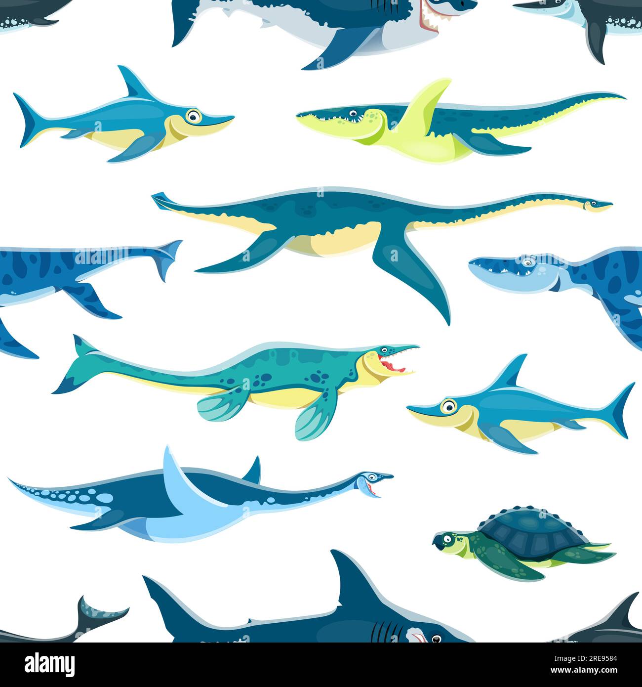Cartoon aquatic dinosaur characters seamless pattern. Wrapping paper ...