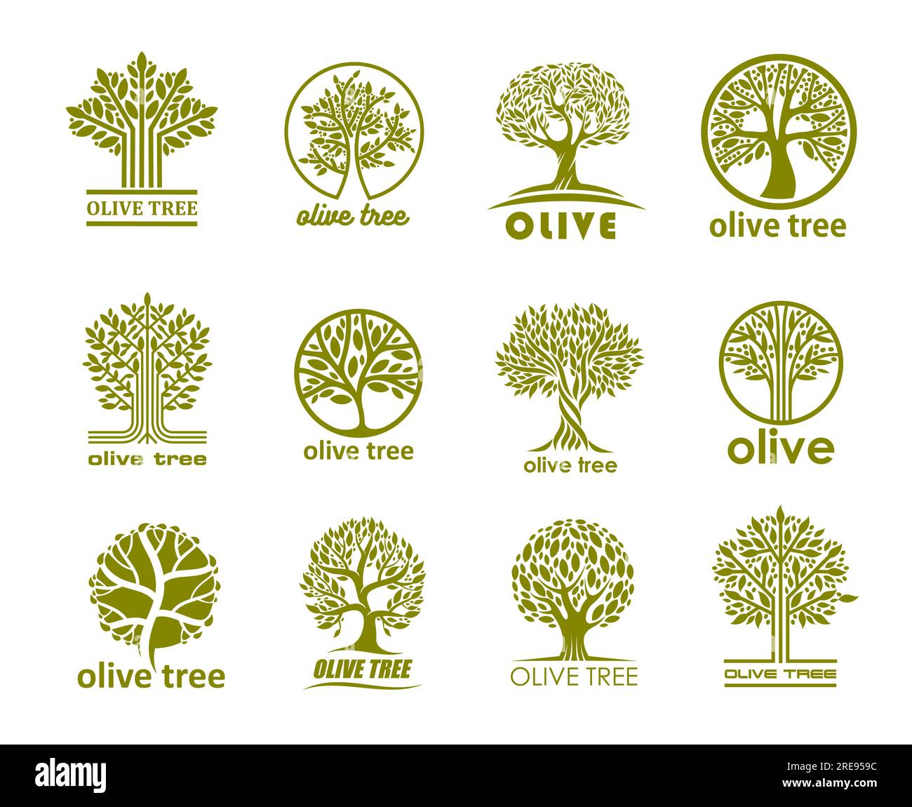 Olive tree icons, olive oil labels for organic natural food, vector ...