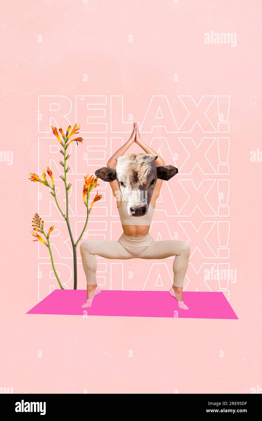 Collage image 3d artwork sketch of sporty person girl cow head instead ...