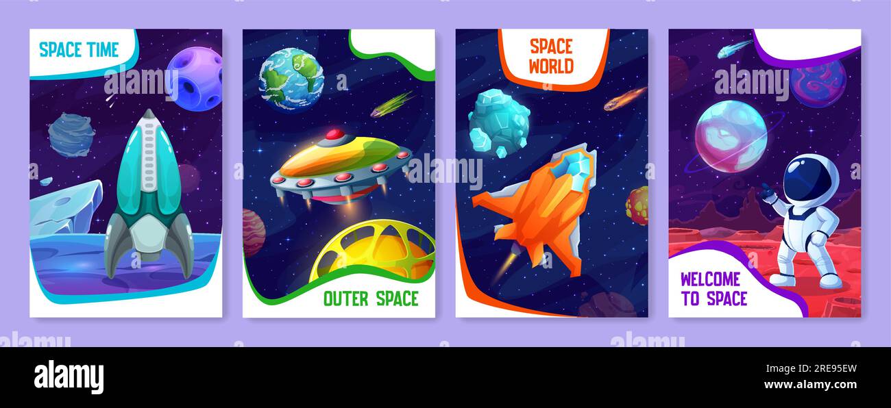 Cartoon space posters. Vector vertical cards with spacecraft in starry ...
