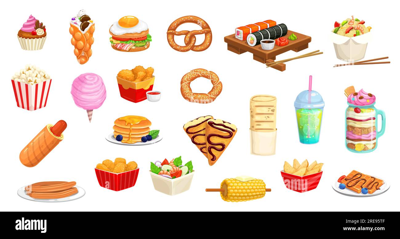 Cartoon fast food snacks, desserts, sandwiches, drinks and pastry ...