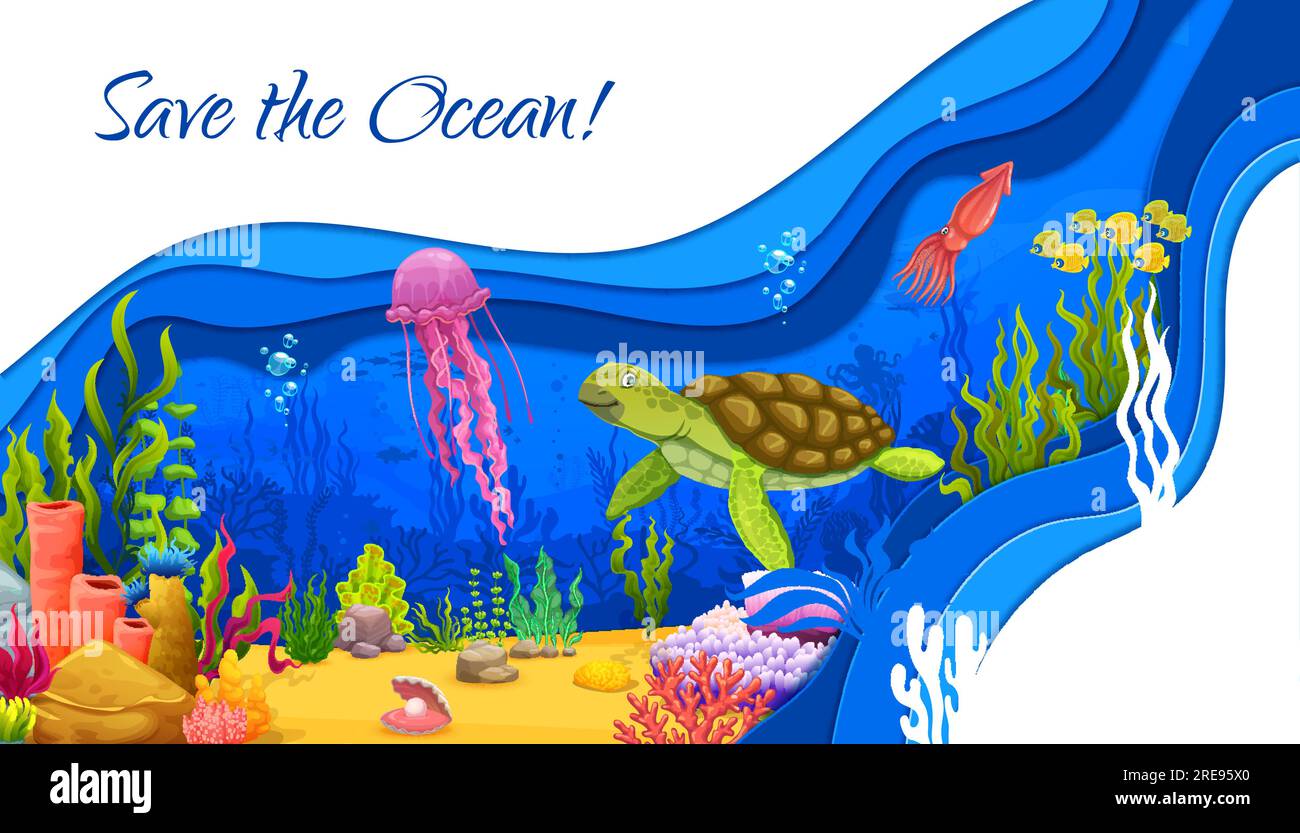 Cartoon turtle and jellyfish on underwater paper cut landscape ...