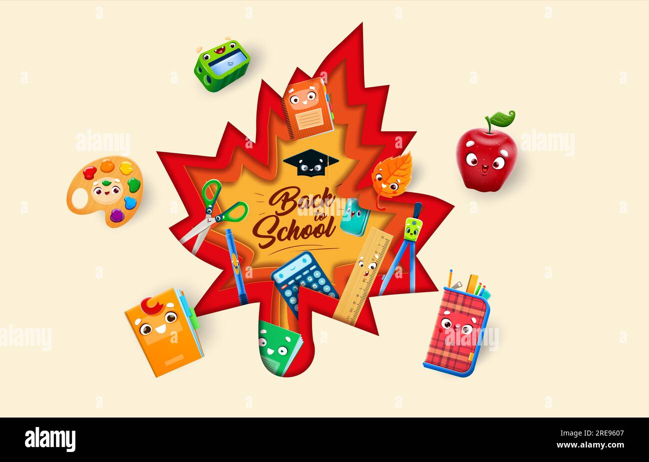 Cartoon school education supply characters on paper cut autumn maple ...
