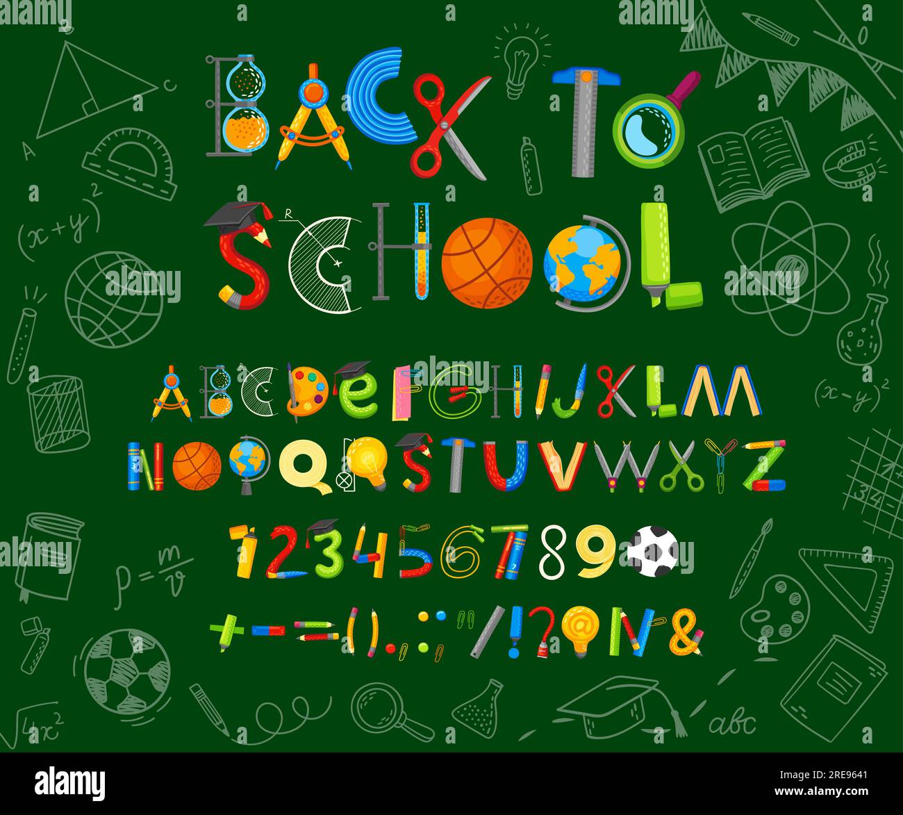 School stationery font, education supply type, student alphabet. Vector ...