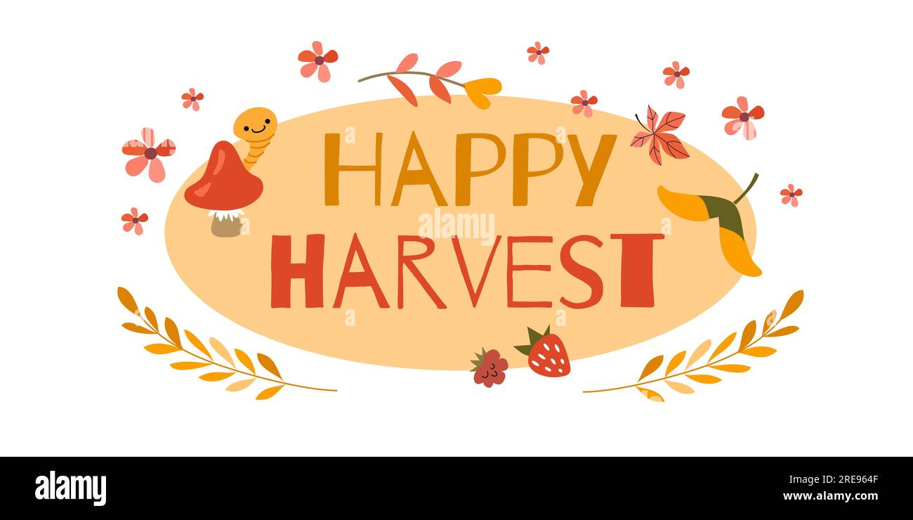 Happy Harvest poster. Hand drawn lettering Harvest festival. Autumnal ...