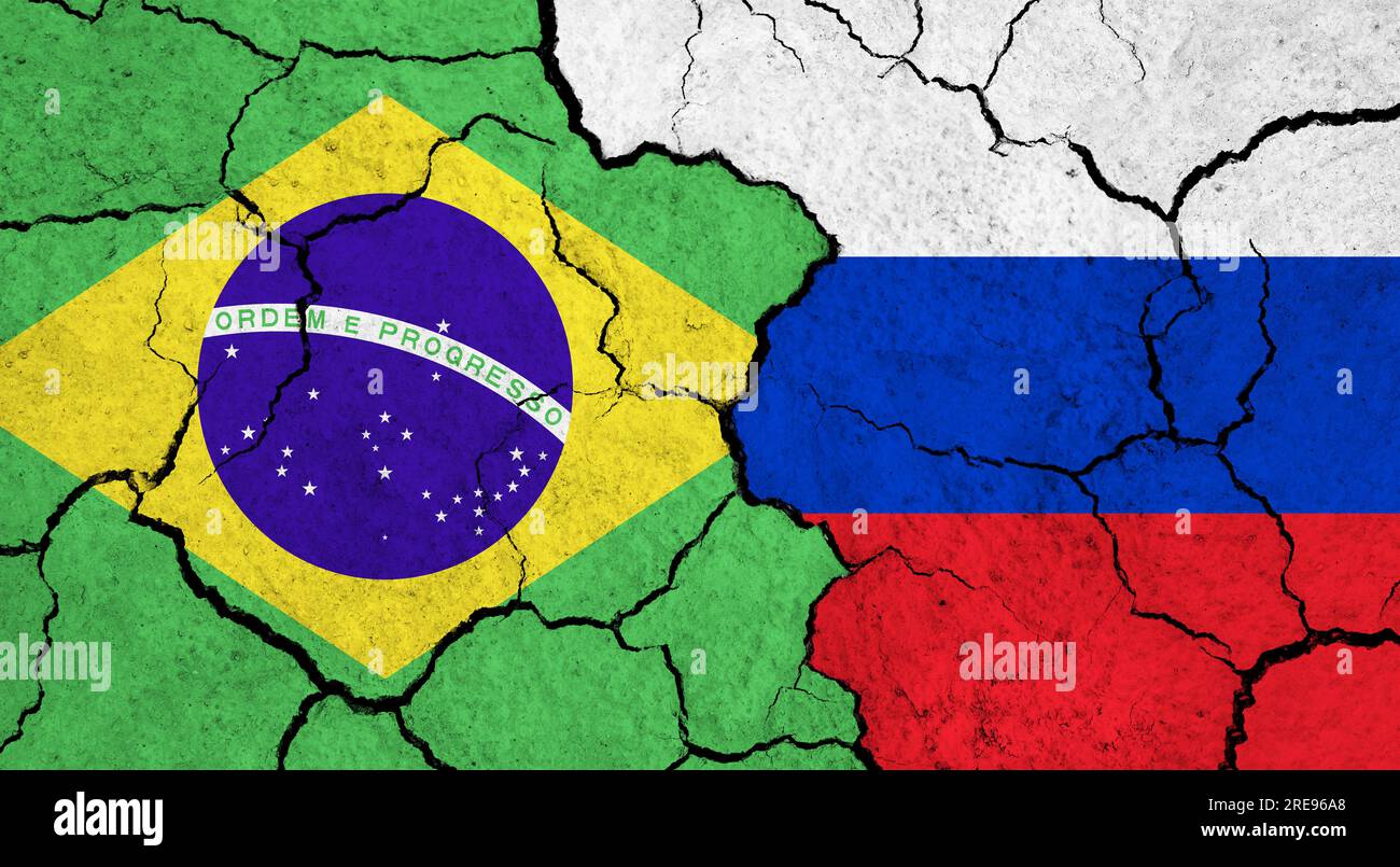 Flags of Brazil and Russia on cracked surface - politics, relationship ...