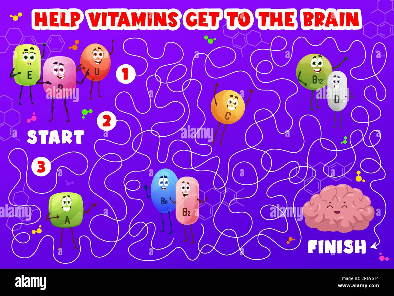 Vitamin Worksheet Labyrinth Maze Game. Cartoon Vitamin And