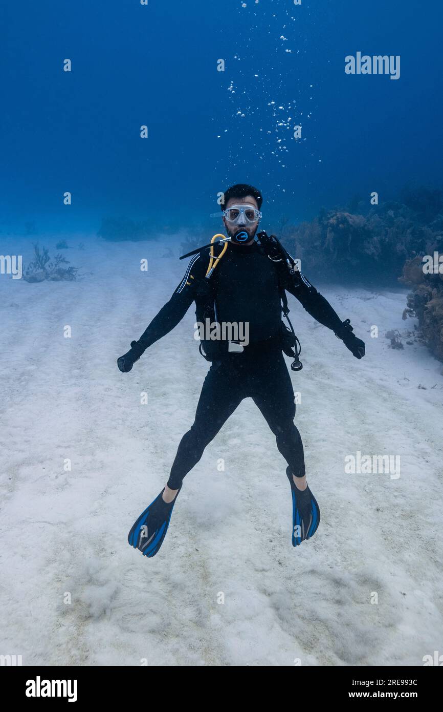 Full body of diver wearing black wetsuit and fins swimming underwater ...