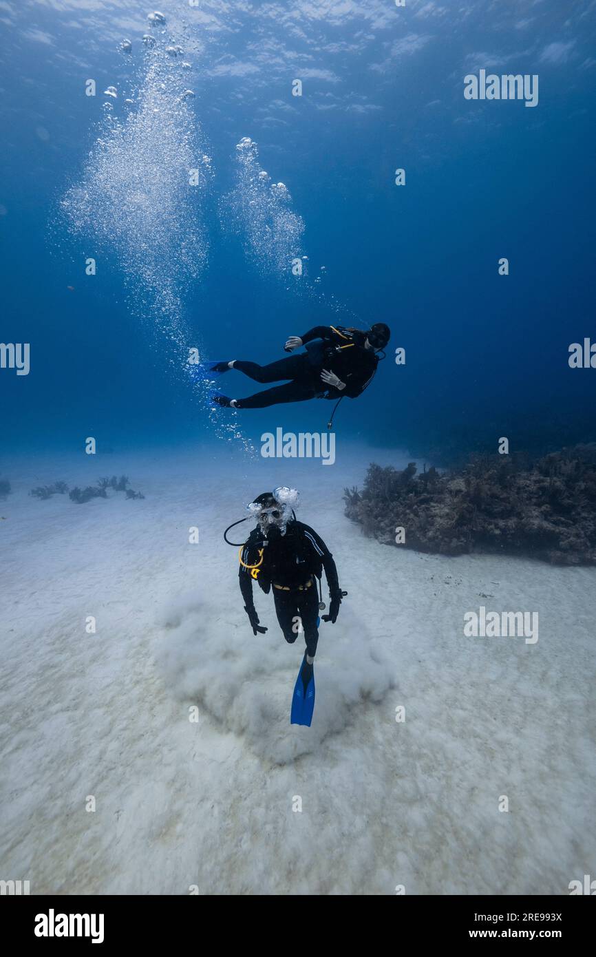 Scuba divers swimming underwater with bubbles and looking at camera ...