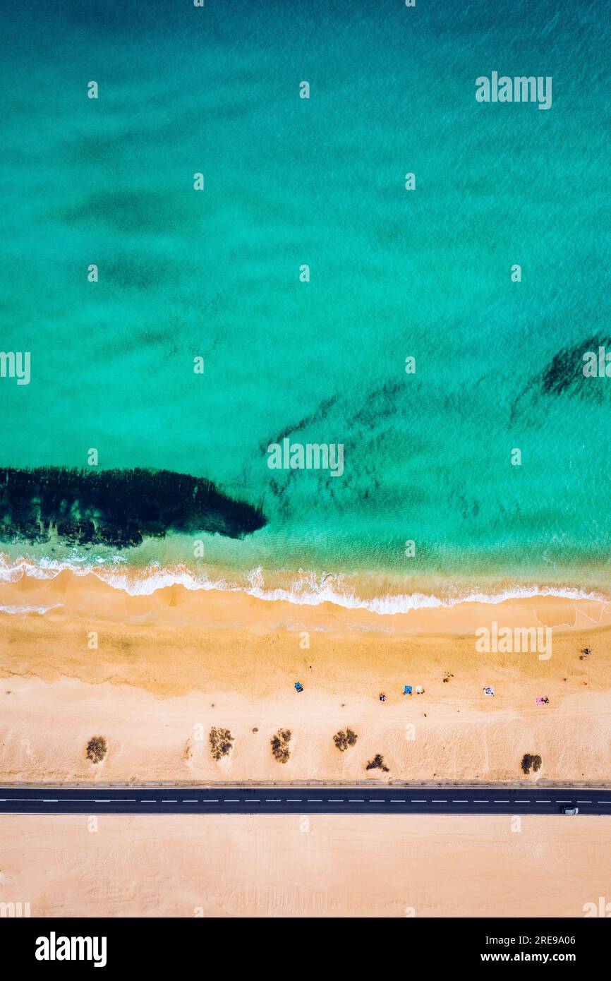 Aerial view of beach in Corralejo Park, Fuerteventura, Canary Islands ...