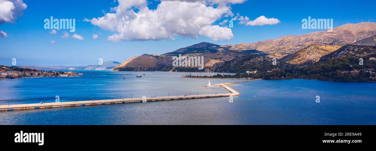 Aerial view of the De Bosset Bridge in Argostoli city on Kefalonia ...
