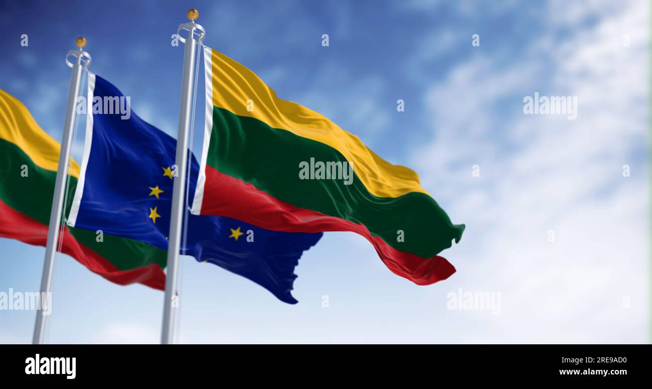 The flags of Lithuania and the European Union waving together on a ...