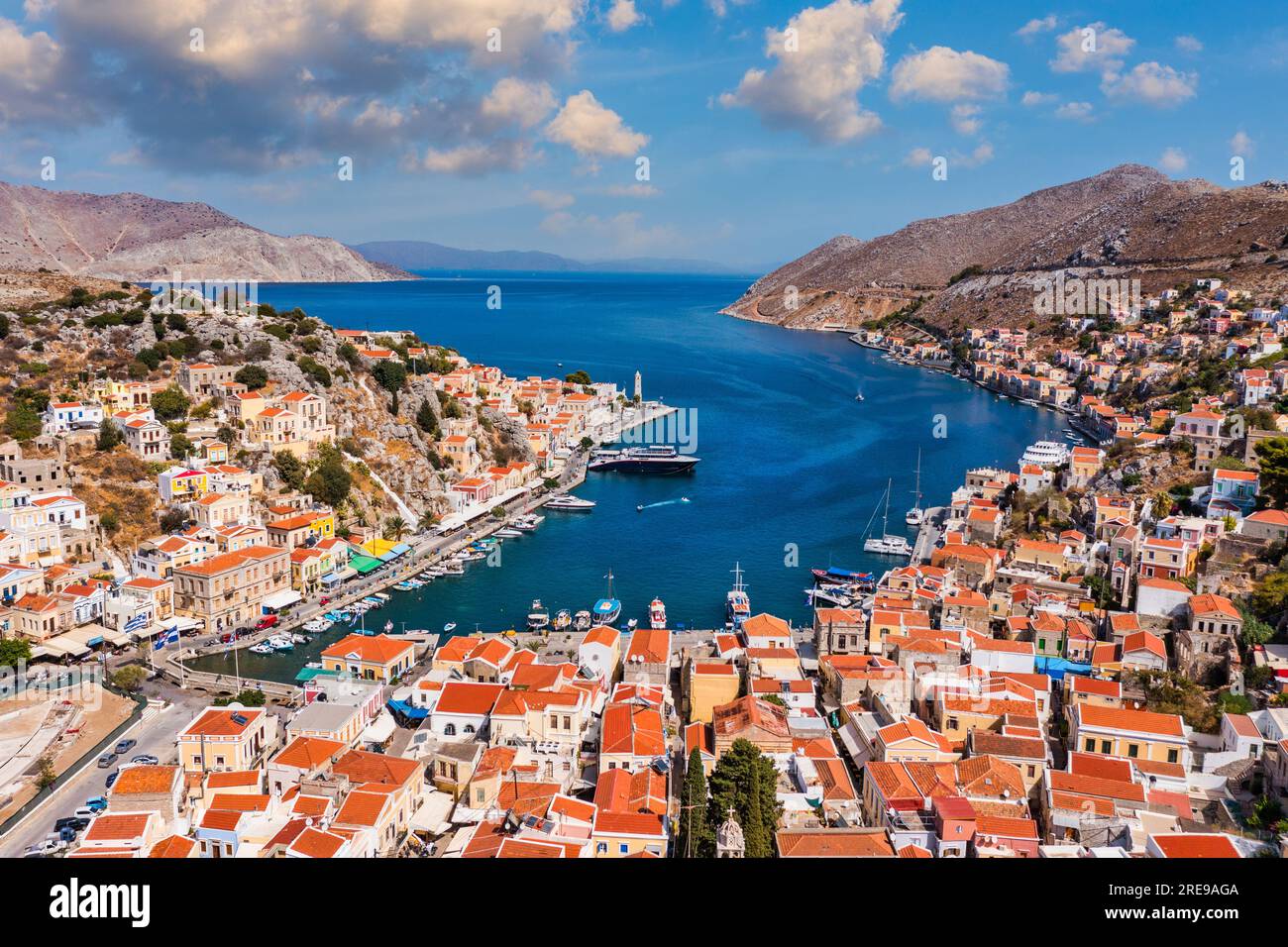 Aerial view of the beautiful greek island of Symi (Simi) with colourful ...