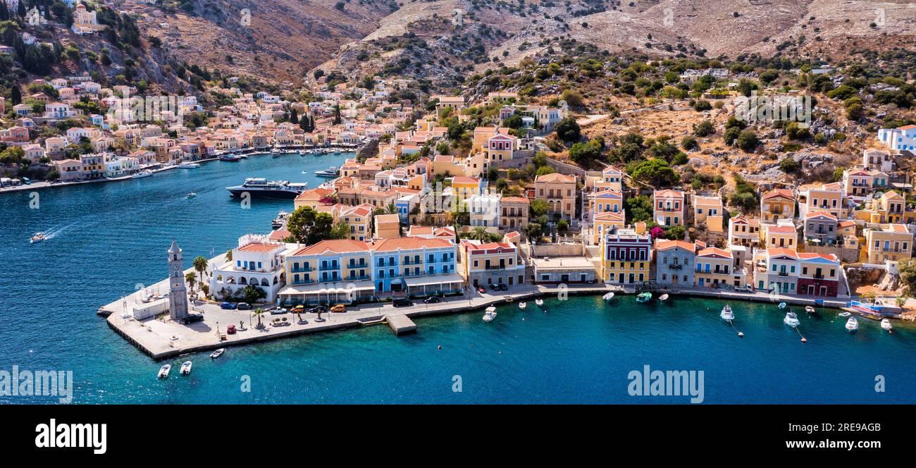 Aerial view of the beautiful greek island of Symi (Simi) with colourful ...