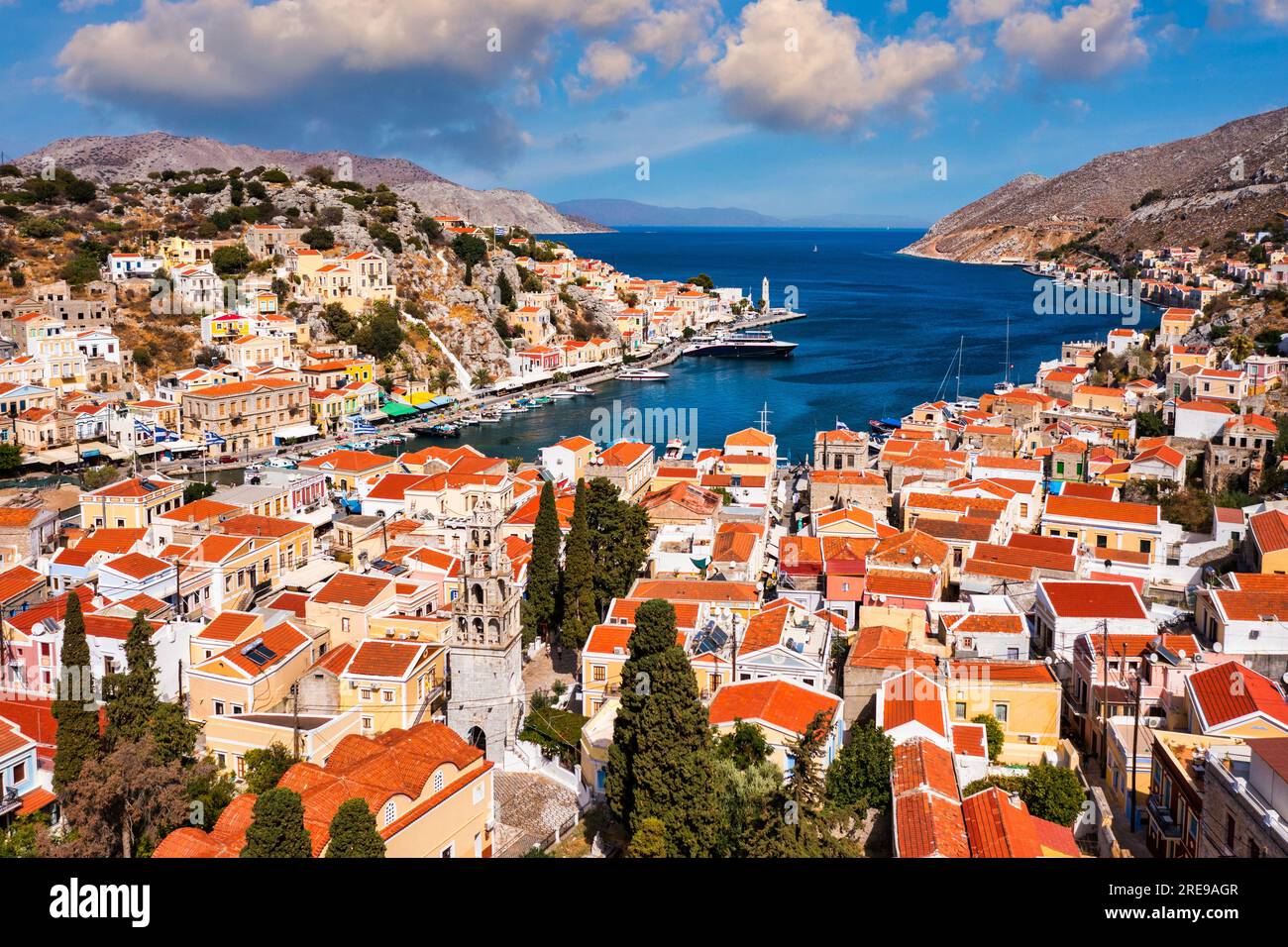 Aerial view of the beautiful greek island of Symi (Simi) with colourful ...