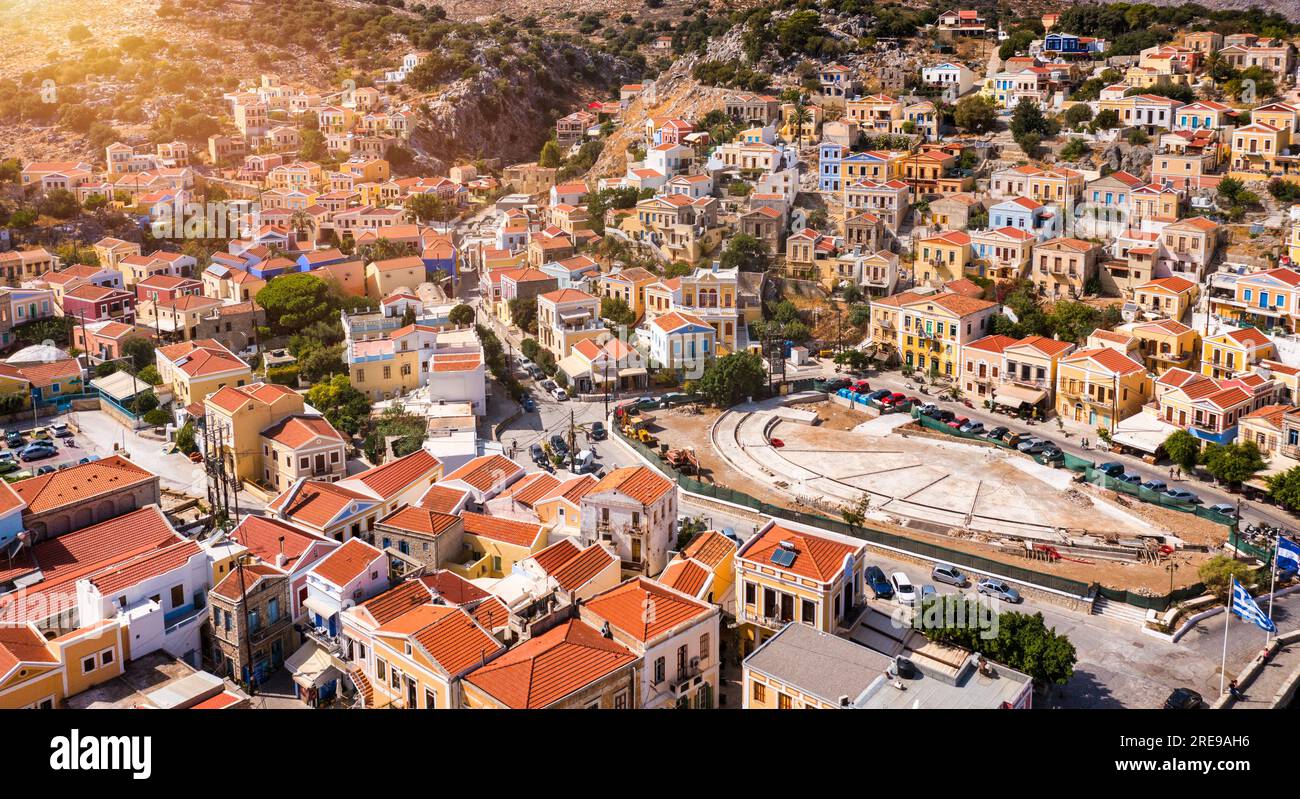 Aerial view of the beautiful greek island of Symi (Simi) with colourful ...