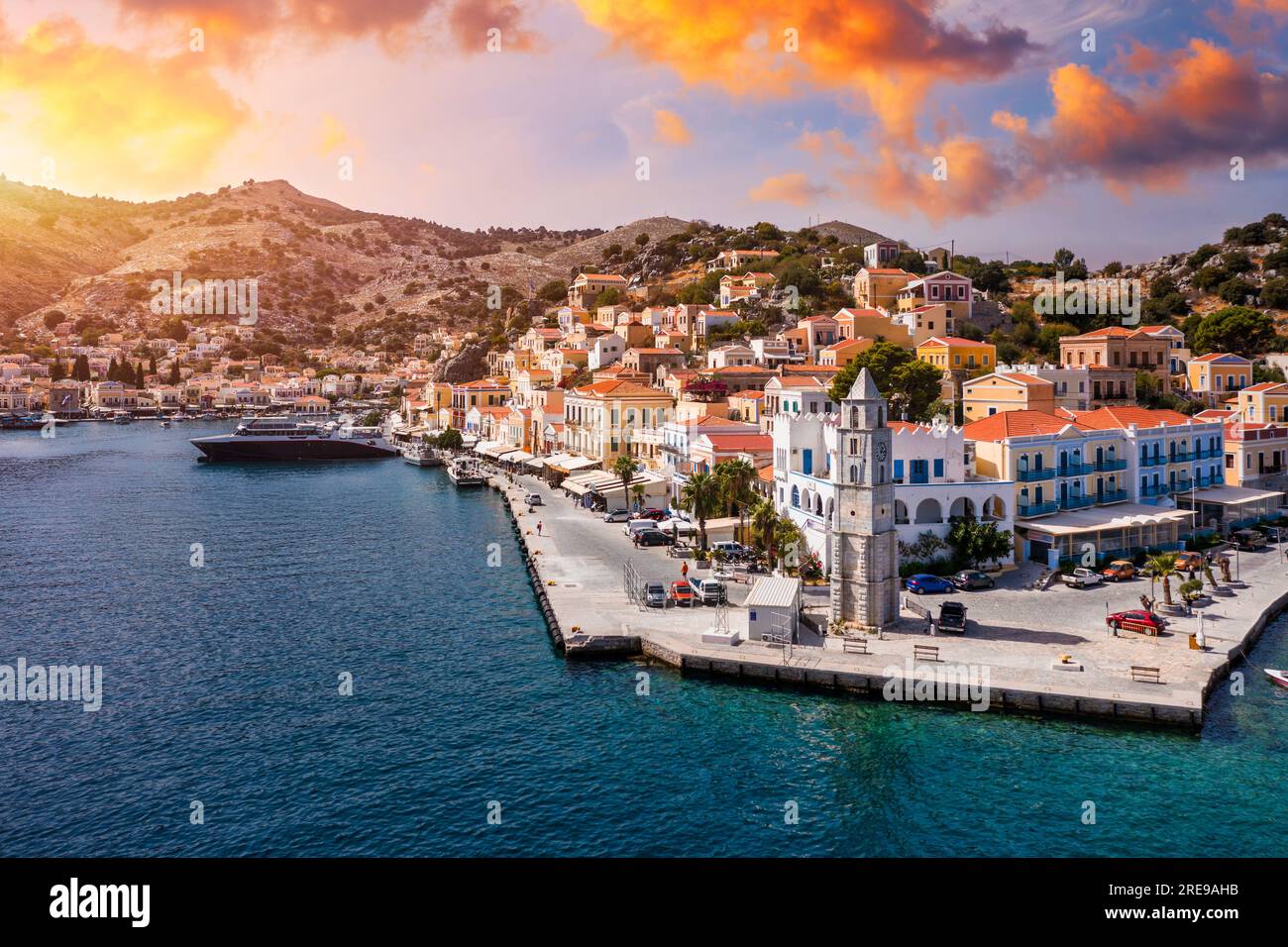 Aerial view of the beautiful greek island of Symi (Simi) with colourful ...
