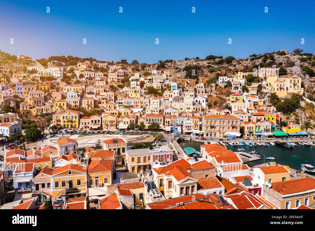 Aerial view of the beautiful greek island of Symi (Simi) with colourful ...