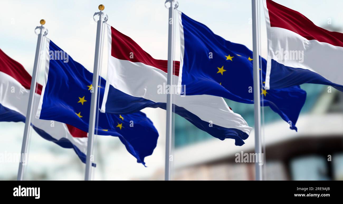 The flags of the Netherlands and the European Union waving in the wind ...