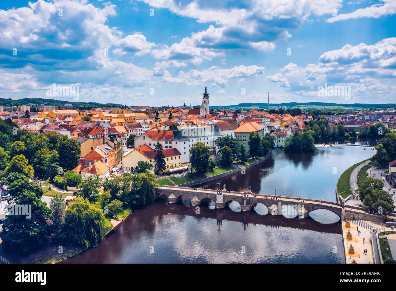 Medieval Town Pisek and historic stone bridge over river Otava in the ...