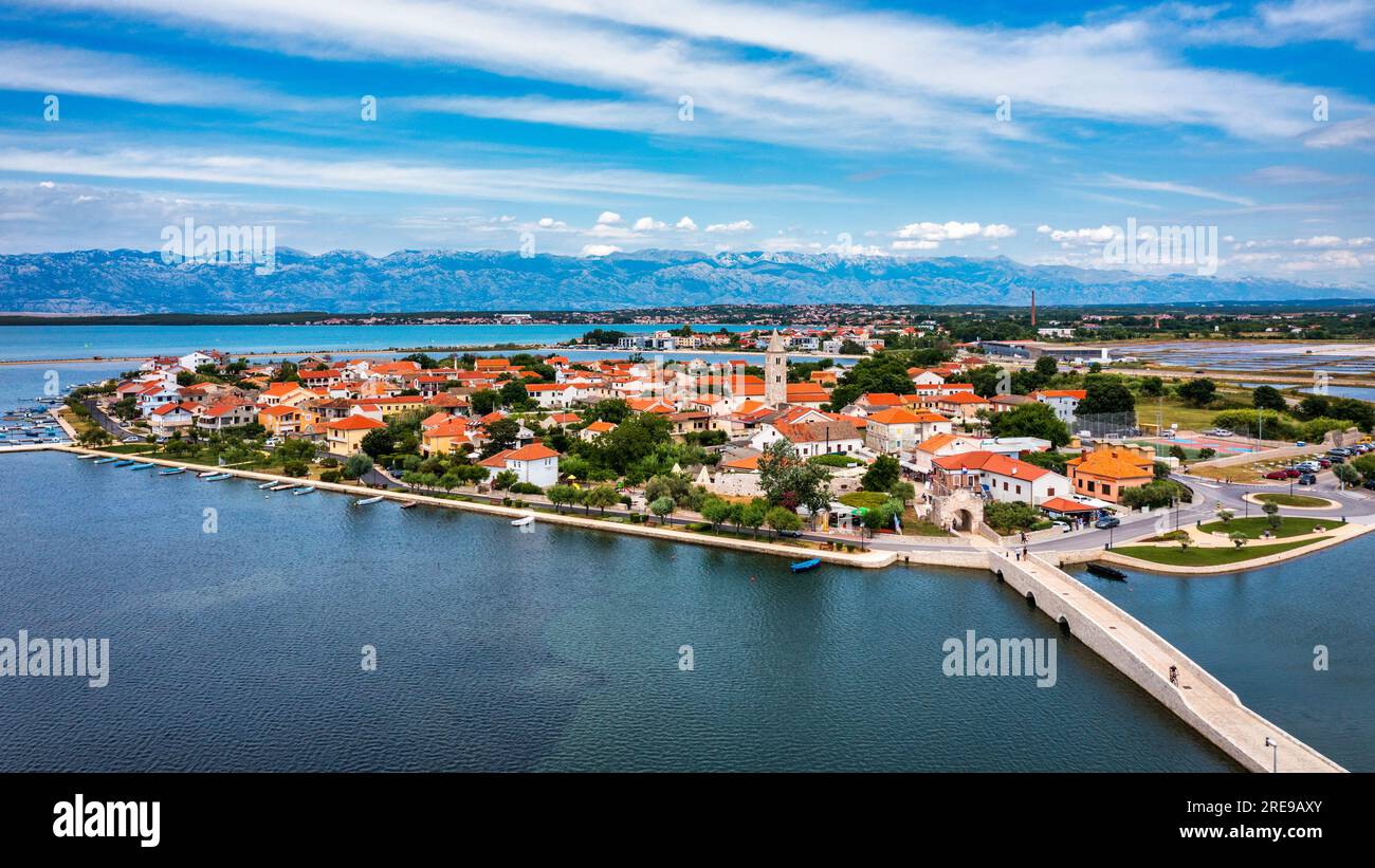 Historic town of Nin laguna aerial view with Velebit mountain ...