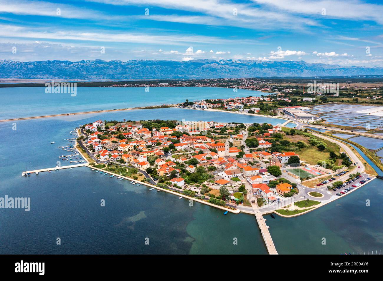 Historic town of Nin laguna aerial view with Velebit mountain ...