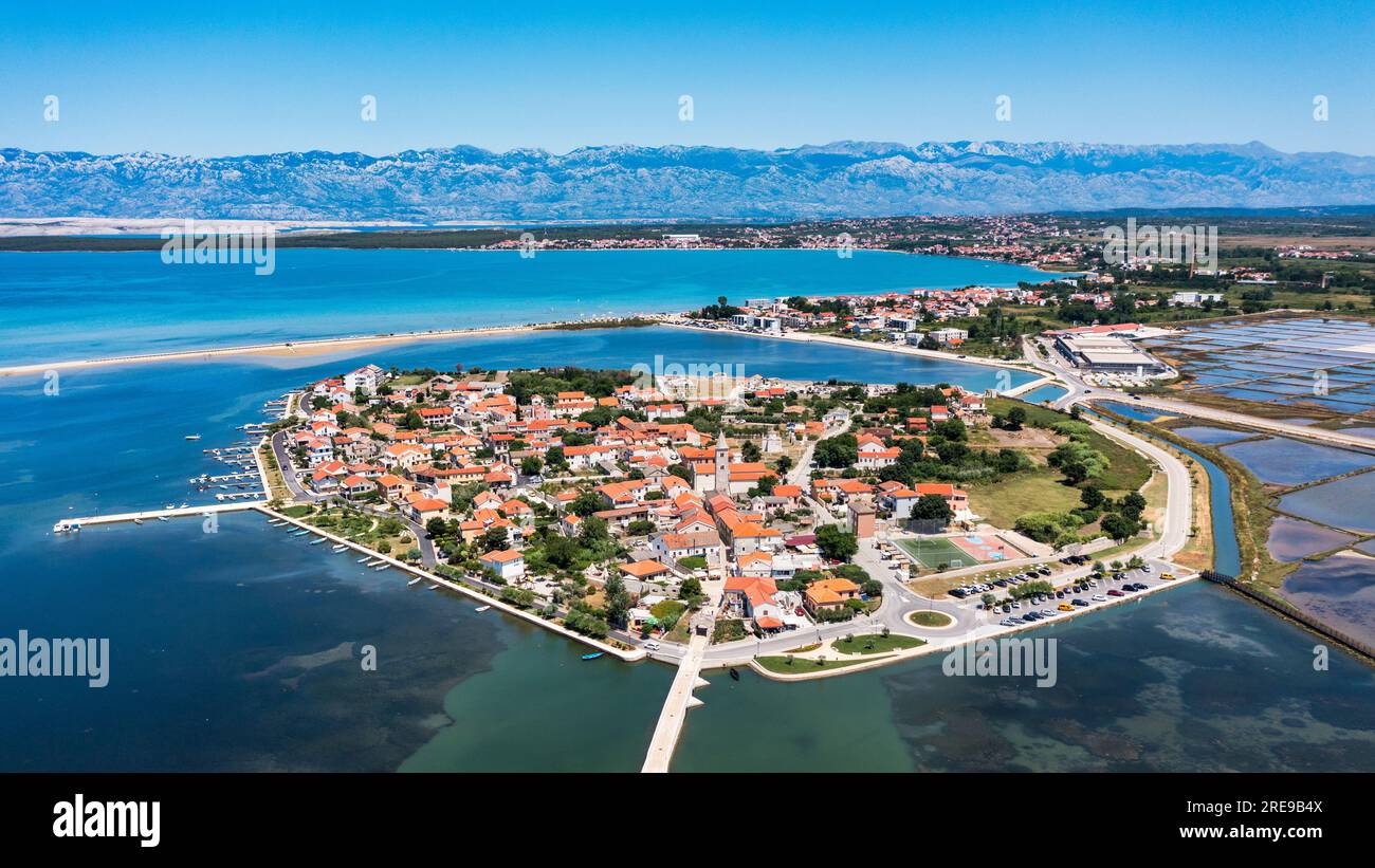 Historic town of Nin laguna aerial view with Velebit mountain ...