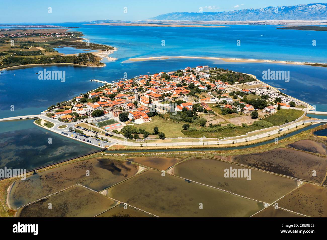 Historic town of Nin laguna aerial view with Velebit mountain ...